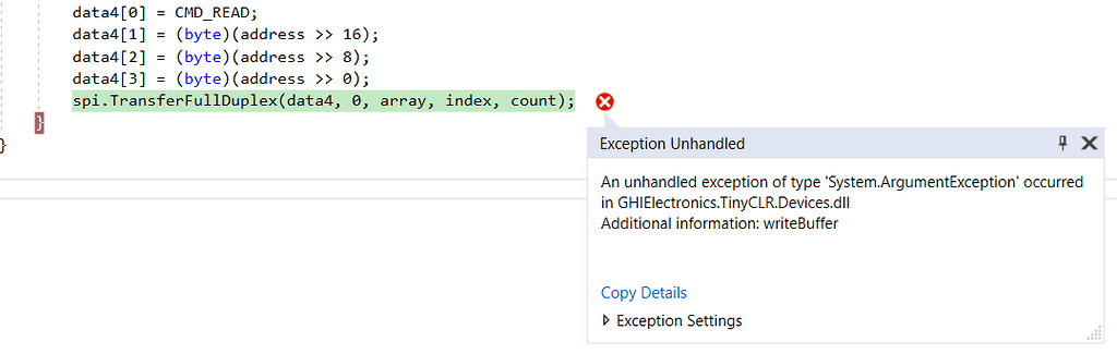 SPI TransferFullDuplex writeBuffer Exception - TinyCLR OS - GHI Electronics' Forums